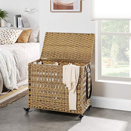 SONGMICS Laundry Hamper with Wheels & 3 Removable Liner Bags, 140L Synthetic Rattan Laundry Basket with Lid, Clothes Hamper with Handles, 3-Section Hampers, Laundry Room, Natural ULCB083N01