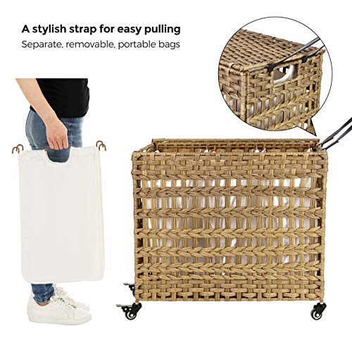 SONGMICS Laundry Hamper with Wheels & 3 Removable Liner Bags, 140L Synthetic Rattan Laundry Basket with Lid, Clothes Hamper with Handles, 3-Section Hampers, Laundry Room, Natural ULCB083N01