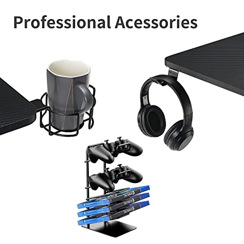 DESIGNA Gaming Computer Desk 63 inch, Large Home Office Study Writing Computer Desk, K-Frame Gaming Table with Handle Rack Cup Holder Headphone Hook Mouse Pad & Socket Box, Black