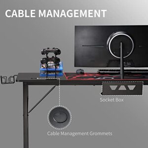 DESIGNA Gaming Computer Desk 63 inch, Large Home Office Study Writing Computer Desk, K-Frame Gaming Table with Handle Rack Cup Holder Headphone Hook Mouse Pad & Socket Box, Black