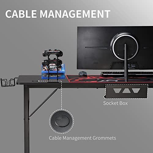 DESIGNA Gaming Computer Desk 63 inch, Large Home Office Study Writing Computer Desk, K-Frame Gaming Table with Handle Rack Cup Holder Headphone Hook Mouse Pad & Socket Box, Black