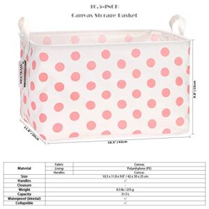 Sea Team Collapsible Canvas Fabric Storage Basket with Handles, Rectangle Waterproof Storage Bin, Box, Cube, Foldable Shelf Basket, Closet Organizer, 16.5 x 11.8 x 9.8 Inches, Pink Dot