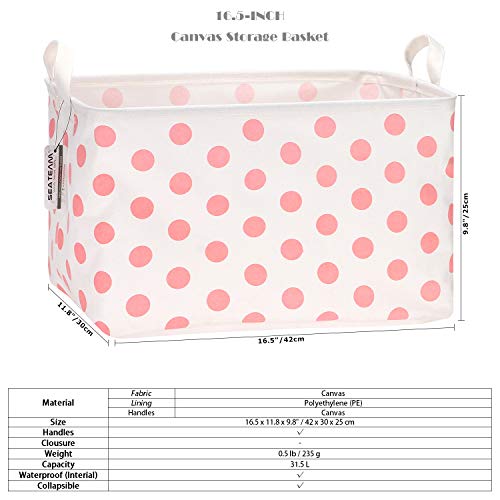 Sea Team Collapsible Canvas Fabric Storage Basket with Handles, Rectangle Waterproof Storage Bin, Box, Cube, Foldable Shelf Basket, Closet Organizer, 16.5 x 11.8 x 9.8 Inches, Pink Dot