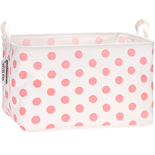 Sea Team Collapsible Canvas Fabric Storage Basket with Handles, Rectangle Waterproof Storage Bin, Box, Cube, Foldable Shelf Basket, Closet Organizer, 16.5 x 11.8 x 9.8 Inches, Pink Dot