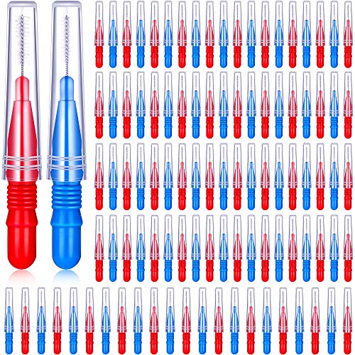 100 Pieces Braces Dental Brush Flosser for Cleaner Interdental Brush Toothpick Dental Tooth Flossing Head Oral Dental Hygiene Toothpick Cleaners Cleaning Tool(Red and Blue)