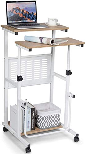 Tangkula Rolling Standing Desk Stand Up Desk, Height Adjustable Home Office Desk with Standing & Seating 2 Modes, Flexible Wheels & Footrest, Mobile Laptop Cart Sit Stand Desk