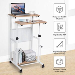 Tangkula Rolling Standing Desk Stand Up Desk, Height Adjustable Home Office Desk with Standing & Seating 2 Modes, Flexible Wheels & Footrest, Mobile Laptop Cart Sit Stand Desk