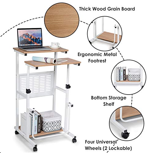 Tangkula Rolling Standing Desk Stand Up Desk, Height Adjustable Home Office Desk with Standing & Seating 2 Modes, Flexible Wheels & Footrest, Mobile Laptop Cart Sit Stand Desk