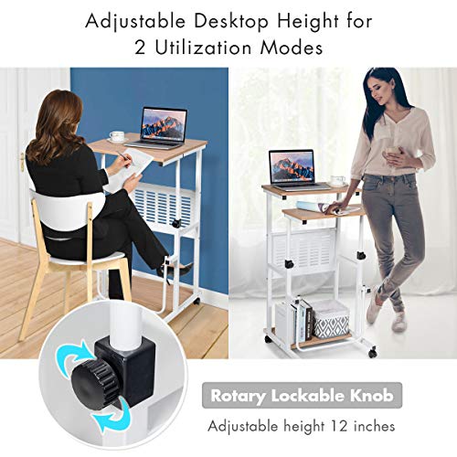 Tangkula Rolling Standing Desk Stand Up Desk, Height Adjustable Home Office Desk with Standing & Seating 2 Modes, Flexible Wheels & Footrest, Mobile Laptop Cart Sit Stand Desk