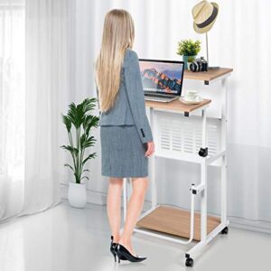 Tangkula Rolling Standing Desk Stand Up Desk, Height Adjustable Home Office Desk with Standing & Seating 2 Modes, Flexible Wheels & Footrest, Mobile Laptop Cart Sit Stand Desk