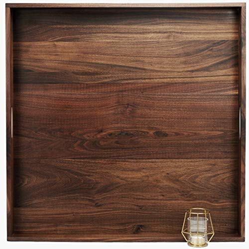 MAGIGO 28 x 28 Inches Extra Large Square Black Walnut Wood Ottoman Tray with Handles, Serve Tea, Coffee Classic Wooden Decorative Serving Tray