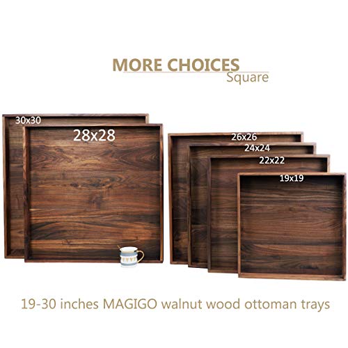 MAGIGO 28 x 28 Inches Extra Large Square Black Walnut Wood Ottoman Tray with Handles, Serve Tea, Coffee Classic Wooden Decorative Serving Tray