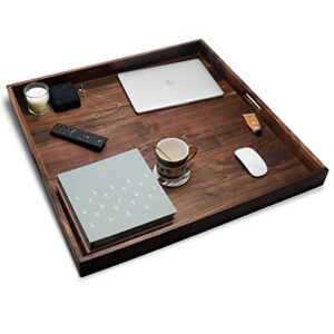 MAGIGO 28 x 28 Inches Extra Large Square Black Walnut Wood Ottoman Tray with Handles, Serve Tea, Coffee Classic Wooden Decorative Serving Tray