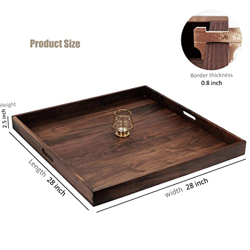 MAGIGO 28 x 28 Inches Extra Large Square Black Walnut Wood Ottoman Tray with Handles, Serve Tea, Coffee Classic Wooden Decorative Serving Tray