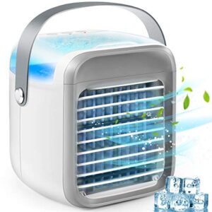 portable air conditioner fan, rechargeable evaporative air conditioner fan with 3 speeds 7 colors, cordless personal air cooler with handle for home, office and room