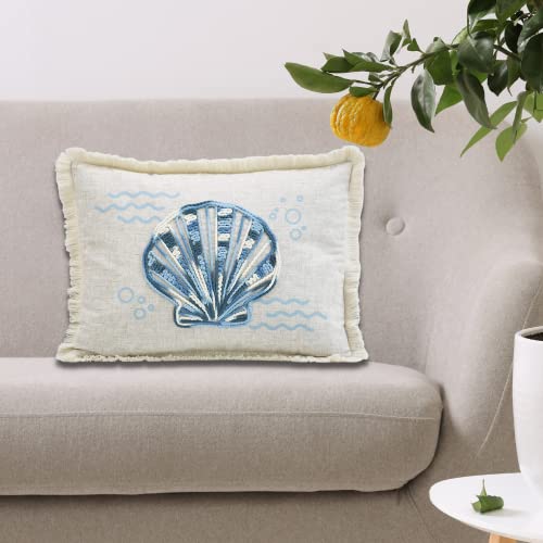 Comfy Hour 13" Polyester Ocean Shell Accent Throw Pillow Lumbar Sofa Cushion for Home Decoration, White Blue, Ocean Voyage Collection