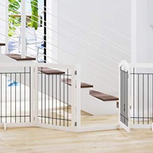 SPIRICH 96-inch Extra Wide 30-inches Tall Dog Gate with Door Walk Through, Freestanding Wire Pet Gate for The House, Doorway, Stairs, Pet Puppy Safety Fence, Support Feet Included (White)