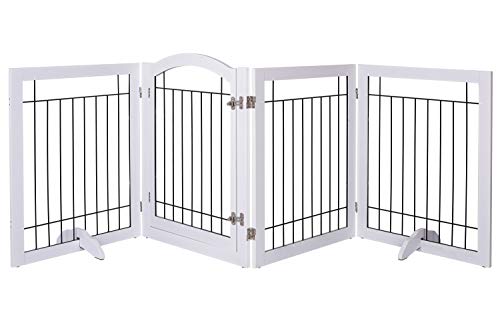 SPIRICH 96-inch Extra Wide 30-inches Tall Dog Gate with Door Walk Through, Freestanding Wire Pet Gate for The House, Doorway, Stairs, Pet Puppy Safety Fence, Support Feet Included (White)