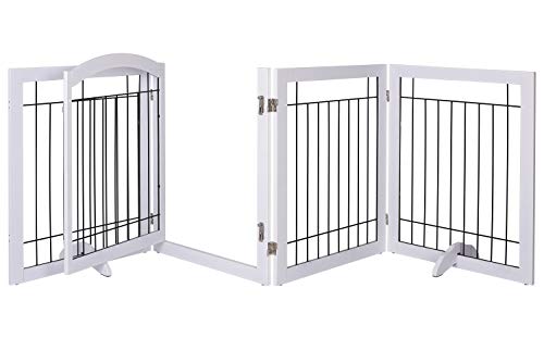 SPIRICH 96-inch Extra Wide 30-inches Tall Dog Gate with Door Walk Through, Freestanding Wire Pet Gate for The House, Doorway, Stairs, Pet Puppy Safety Fence, Support Feet Included (White)