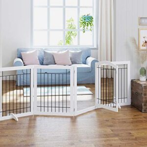 SPIRICH 96-inch Extra Wide 30-inches Tall Dog Gate with Door Walk Through, Freestanding Wire Pet Gate for The House, Doorway, Stairs, Pet Puppy Safety Fence, Support Feet Included (White)