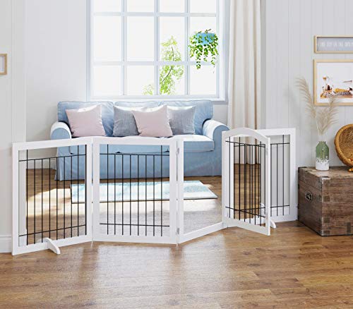 SPIRICH 96-inch Extra Wide 30-inches Tall Dog Gate with Door Walk Through, Freestanding Wire Pet Gate for The House, Doorway, Stairs, Pet Puppy Safety Fence, Support Feet Included (White)