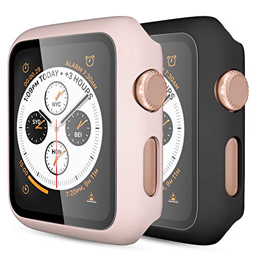 GEAK 2 Pack Hard PC Case Compatible with Apple Watch Case 38mm, Full Coverage Bumper Protective Case with Screen Protector for iWatch Series 3/2/1, Black/Pink