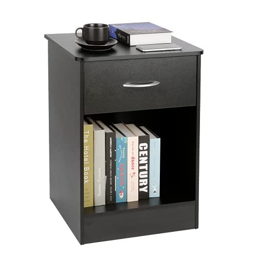 TUSY Black Nightstand with Drawers, End Table Bedroom Side Tables Bedside Cabinets, File Cabinet Storage with Sliding Drawer and Shelf for Home Office