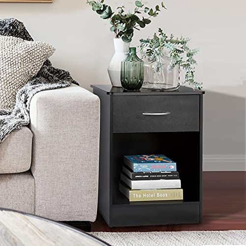 TUSY Black Nightstand with Drawers, End Table Bedroom Side Tables Bedside Cabinets, File Cabinet Storage with Sliding Drawer and Shelf for Home Office