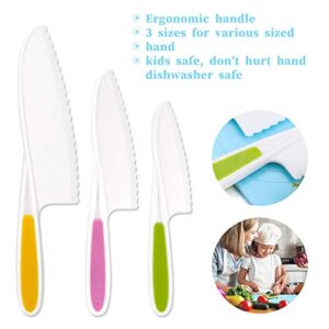 LEEFE 3 Pieces Kids Knife Set for Cooking, with Cutting Board, Safe Lettuce and Salad Knives, Kids Cooking Utensils in 3 Sizes & Colors, Serrated Edges, Plastic Safe Kitchen Knife