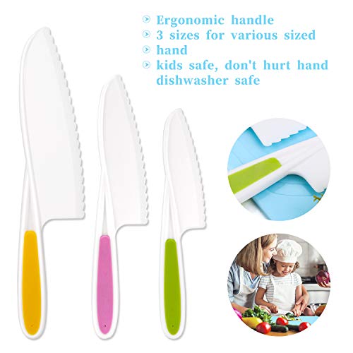 LEEFE 3 Pieces Kids Knife Set for Cooking, with Cutting Board, Safe Lettuce and Salad Knives, Kids Cooking Utensils in 3 Sizes & Colors, Serrated Edges, Plastic Safe Kitchen Knife