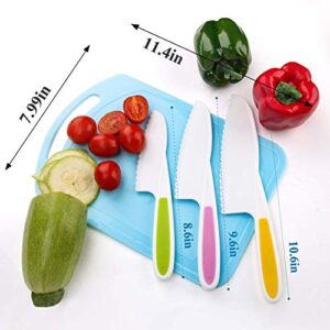 LEEFE 3 Pieces Kids Knife Set for Cooking, with Cutting Board, Safe Lettuce and Salad Knives, Kids Cooking Utensils in 3 Sizes & Colors, Serrated Edges, Plastic Safe Kitchen Knife