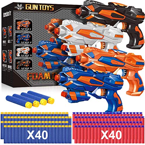 POKONBOY 4 Pack Blaster Guns Compatible with Nerf Guns Bullets, Toy Guns for Boys Girls with 80 Pack Foam Refill Darts, Hand Gun Toys for 6+ Year Old Kids Birthday Christmas