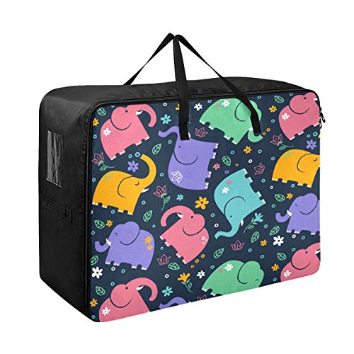 Blueangle Colorful Elephant Print Large Quilt Storage Bag – Store and Protect Quilt Tops, Clothes and Fabrics – Features 2 Handles for Easy Carrying and Moving, 100L