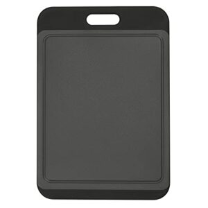 sosecce cutting board plastic with juice grooves and one-piece non-slip silicone handles, 14 x 9.5 x 0.4 inch kitchen chopping board, dishwasher safe bpa free (black+grey)