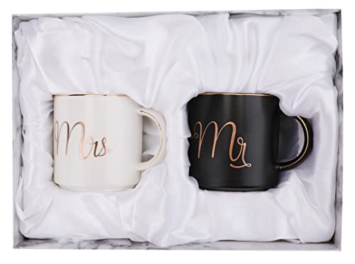 Yesland 12 oz Mr and Mrs Mug, Ceramic Coffee Mug for the Couple, Ideal Gift for Engagement, Anniversary, His and Hers, Bride and Groom, Valentines and Christmas Gifts - Set of 2 (Black & White)