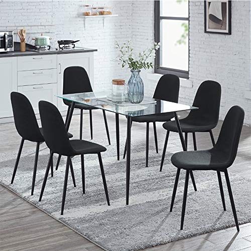 IDS Home 7 Piece Contemporary Transparent Glass Dining Table Furniture Set for 6, Upholstered Fabric Chairs with Metal Leg, Black