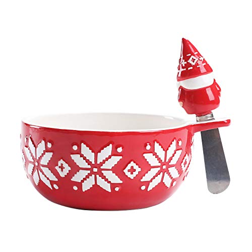 Bico Red Christmas Gnome Dip Bowl with Spreader, Handpainted Ceramic, Dishwasher Safe