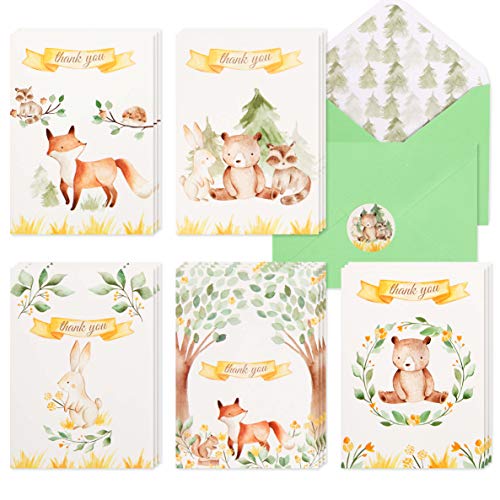 VNS Creations 30 Woodland Thank You Cards | Bulk Forest & Mountain Animals Thank You Notes with Matching Green Envelopes & Stickers | Small & Cute Notecards Perfect for Baby Shower and Kids Birthday.