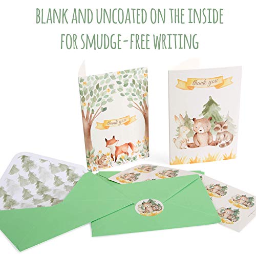 VNS Creations 30 Woodland Thank You Cards | Bulk Forest & Mountain Animals Thank You Notes with Matching Green Envelopes & Stickers | Small & Cute Notecards Perfect for Baby Shower and Kids Birthday.