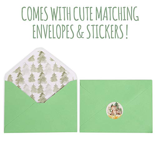 VNS Creations 30 Woodland Thank You Cards | Bulk Forest & Mountain Animals Thank You Notes with Matching Green Envelopes & Stickers | Small & Cute Notecards Perfect for Baby Shower and Kids Birthday.