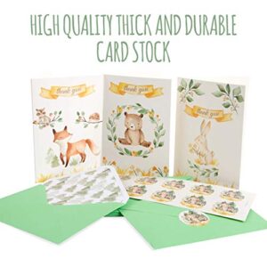 VNS Creations 30 Woodland Thank You Cards | Bulk Forest & Mountain Animals Thank You Notes with Matching Green Envelopes & Stickers | Small & Cute Notecards Perfect for Baby Shower and Kids Birthday.