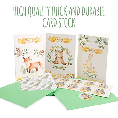 VNS Creations 30 Woodland Thank You Cards | Bulk Forest & Mountain Animals Thank You Notes with Matching Green Envelopes & Stickers | Small & Cute Notecards Perfect for Baby Shower and Kids Birthday.