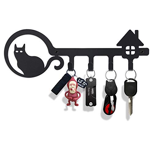 UptoBillions Decorative Wall Mounted Iron Key Holder for Wall, 11 inch with 4 Key Hooks Organizer for car or House Keys, Key Rack with Screws and Anchors (Cat and Home, Black)