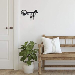 UptoBillions Decorative Wall Mounted Iron Key Holder for Wall, 11 inch with 4 Key Hooks Organizer for car or House Keys, Key Rack with Screws and Anchors (Cat and Home, Black)