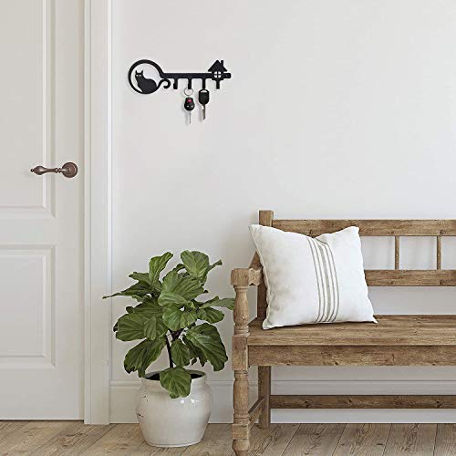 UptoBillions Decorative Wall Mounted Iron Key Holder for Wall, 11 inch with 4 Key Hooks Organizer for car or House Keys, Key Rack with Screws and Anchors (Cat and Home, Black)