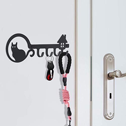 UptoBillions Decorative Wall Mounted Iron Key Holder for Wall, 11 inch with 4 Key Hooks Organizer for car or House Keys, Key Rack with Screws and Anchors (Cat and Home, Black)