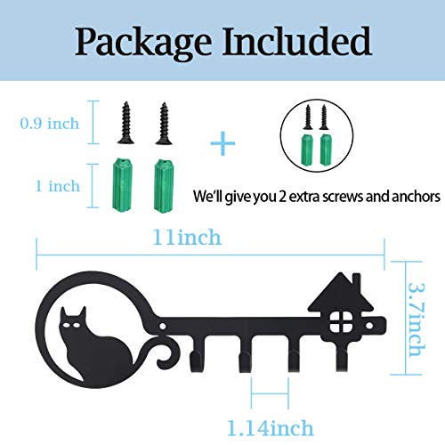 UptoBillions Decorative Wall Mounted Iron Key Holder for Wall, 11 inch with 4 Key Hooks Organizer for car or House Keys, Key Rack with Screws and Anchors (Cat and Home, Black)