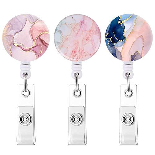 Retractable Badge Holder Reel ID Badge Name Holder with Alligator Clip for Office Worker Doctor Nurse (LE-BR-3Pack Pretty Marble)