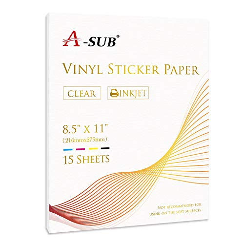 A-SUB Clear Sticker Paper for Inkjet Printers - Waterproof Transparent Printable Vinyl Sticker Paper - 15 Sheets 8.5x11 Inch Glossy Clear Label Paper for Custom Stickers, Decals