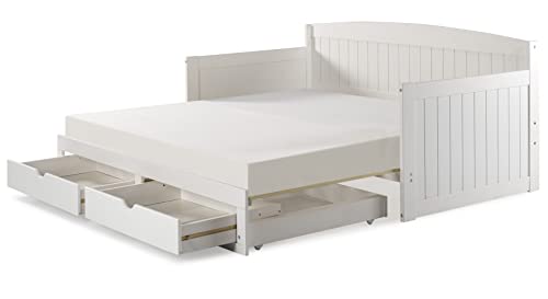 Alaterre Furniture Harmony Wood Daybed, Single, White Brazilian Pine Trundle Bed for Sleepovers with Kids, 2 Pull-Out Drawers, 220lbs Weight Capacity, Twin-Size Bed, Modern, Sturdy, Durable